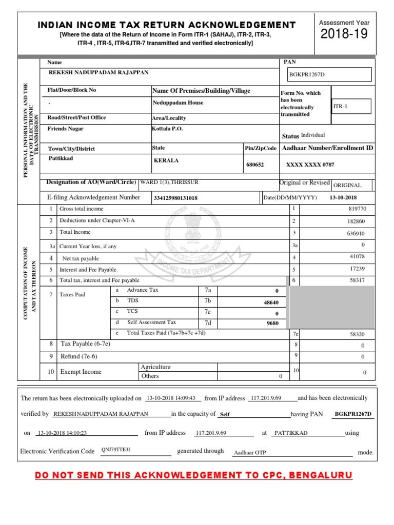 Indian Income Tax Return Acknowledgement: Name of Premises/Building ...