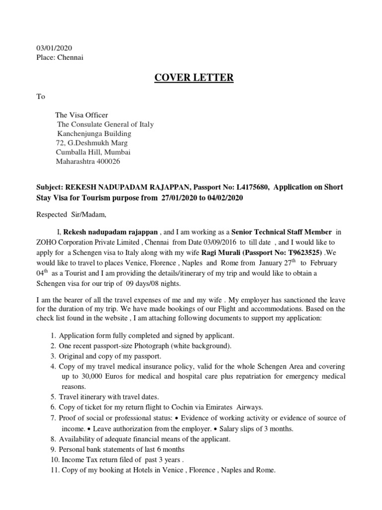 ITALY Cover Letter - Rekesh | PDF | Travel Visa | Passport