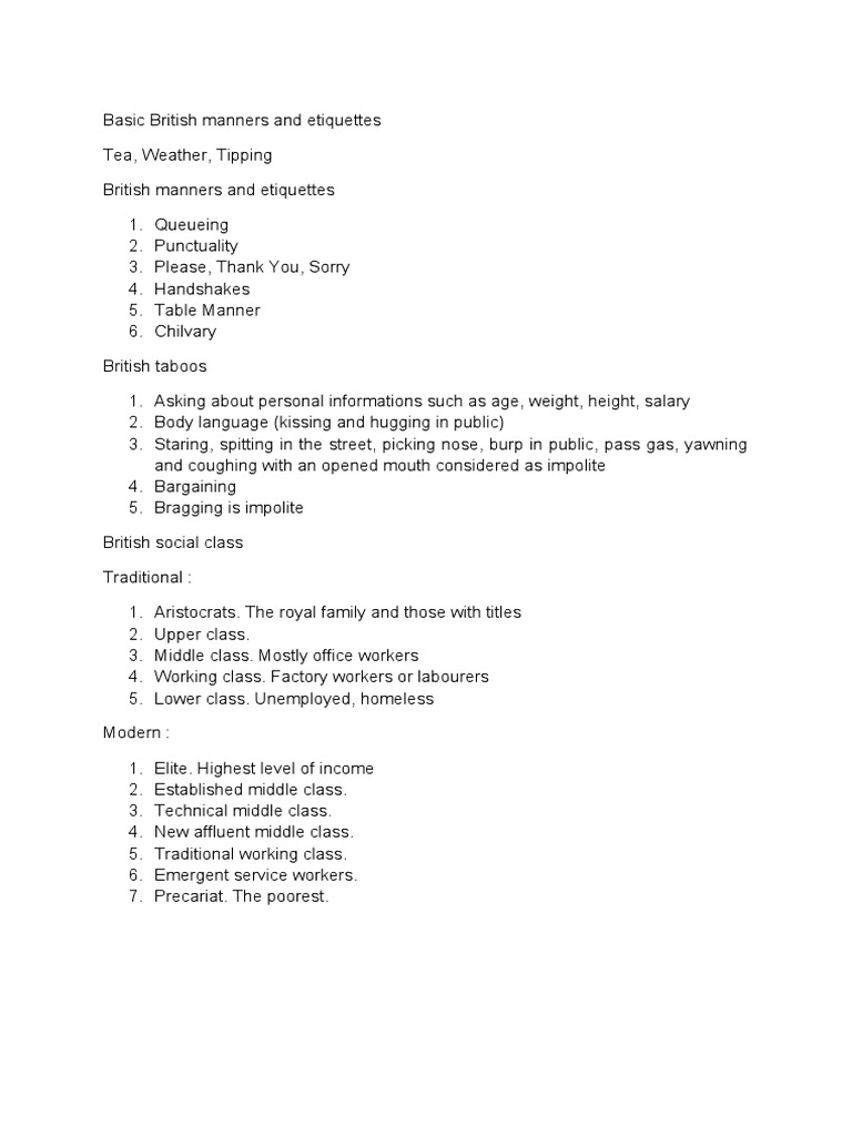 Basic British Manners and Etiquettes | PDF | Wealth | Middle Class