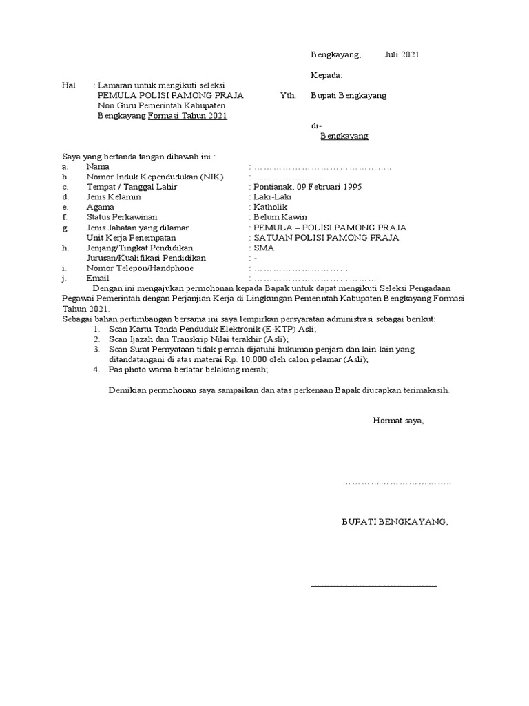 Surat Lamaran BKY Full Ketik BREVOO DIRY ASVELA | PDF