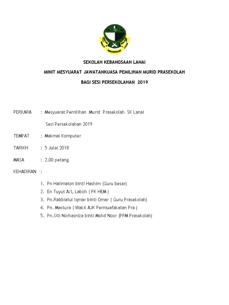 Minit Mesyuarat Pemilihan Murid Pra-1 (Contoh) | PDF