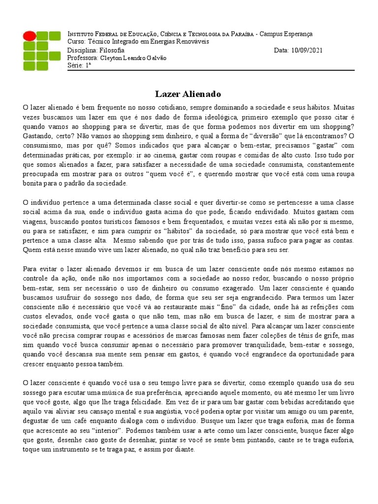 Filosofia-Lazer Alienado | PDF | Lazer | Consumismo