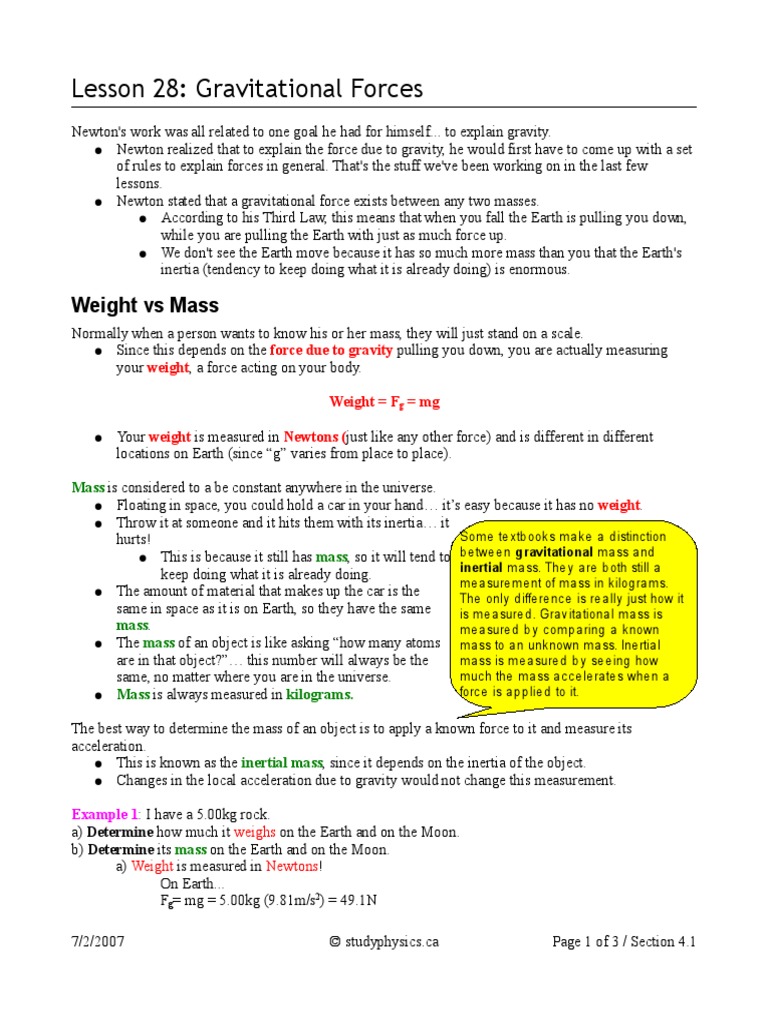 Lesson 28: Gravitational Forces: Weight Vs Mass | PDF | Mass | Weight
