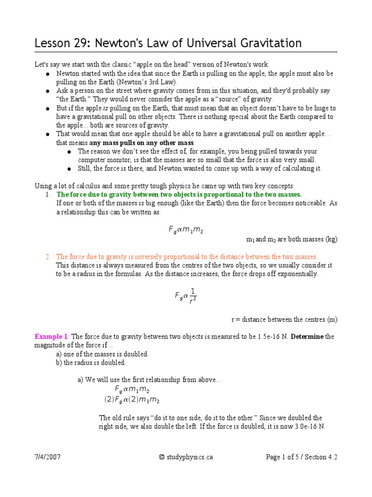 Lesson 29: Newton's Law of Universal Gravitation | PDF | Gravity | Force