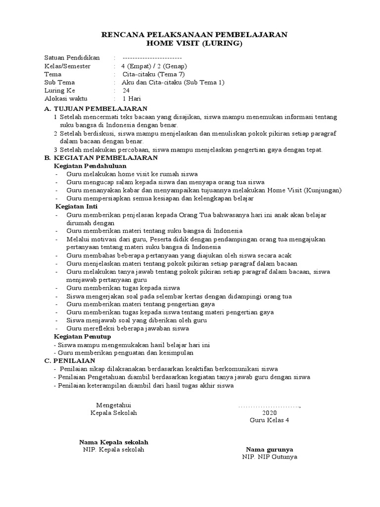 RPP Luring Kelas 4 Tema 7 | PDF