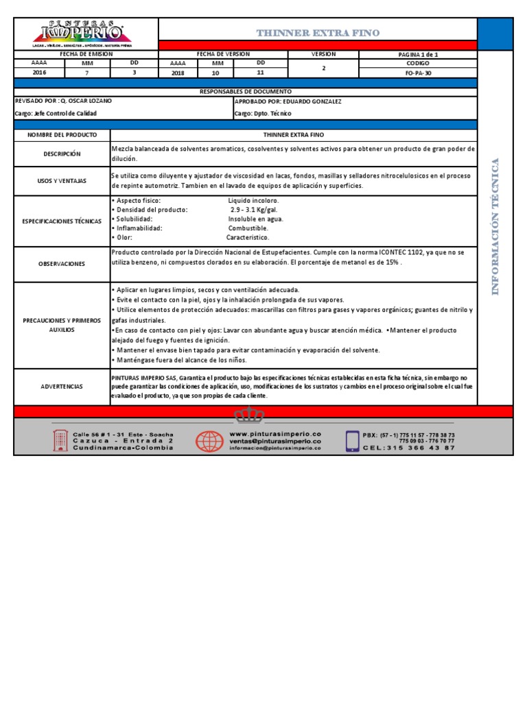 Pinturas Imperio Ficha Tecnica Thinner Extrafino | PDF | Química ...