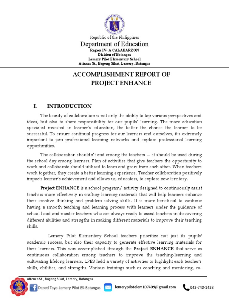 Department of Education: Accomplishment Report of Project Enhance | PDF ...