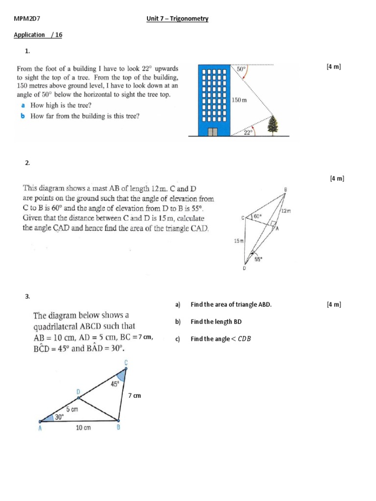 MPM2D7 Application / 16 1. (4 M) : Unit 7 - Trigonometry | PDF ...