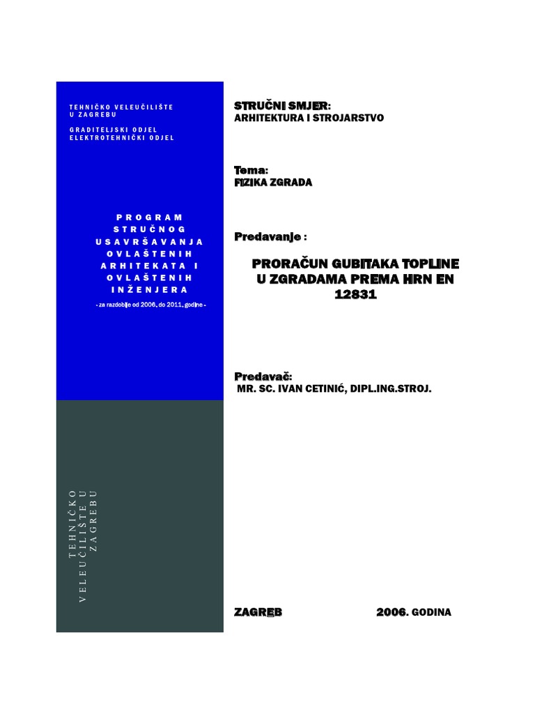 Proračun Gubitaka Topline U Zgradama Prema HRN en 12831 | PDF