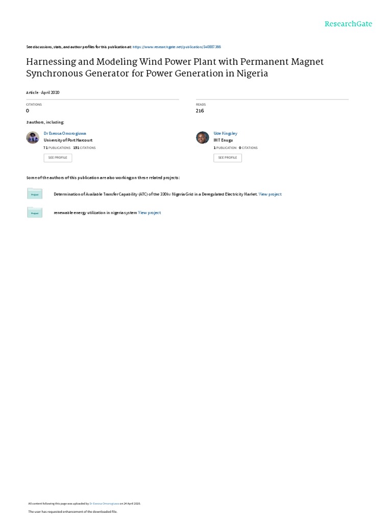 Harnessing and Modeling Wind Power Plant With Permanent Magnet Synchronous Generator For Power ...