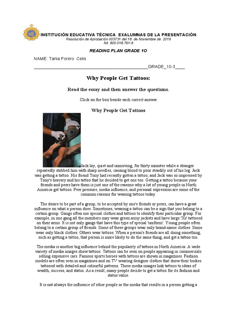 Why People Get Tattoos:: Read The Essay and Then Answer The Questions ...