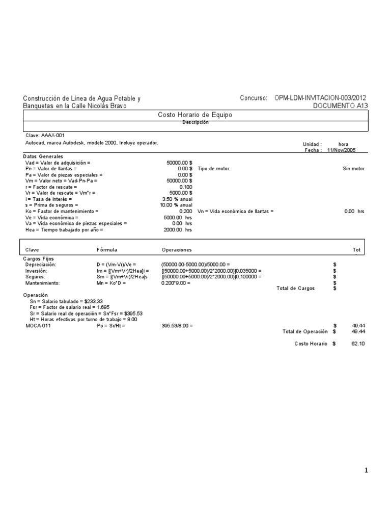 A13 Costo Horario Del Equipo | PDF