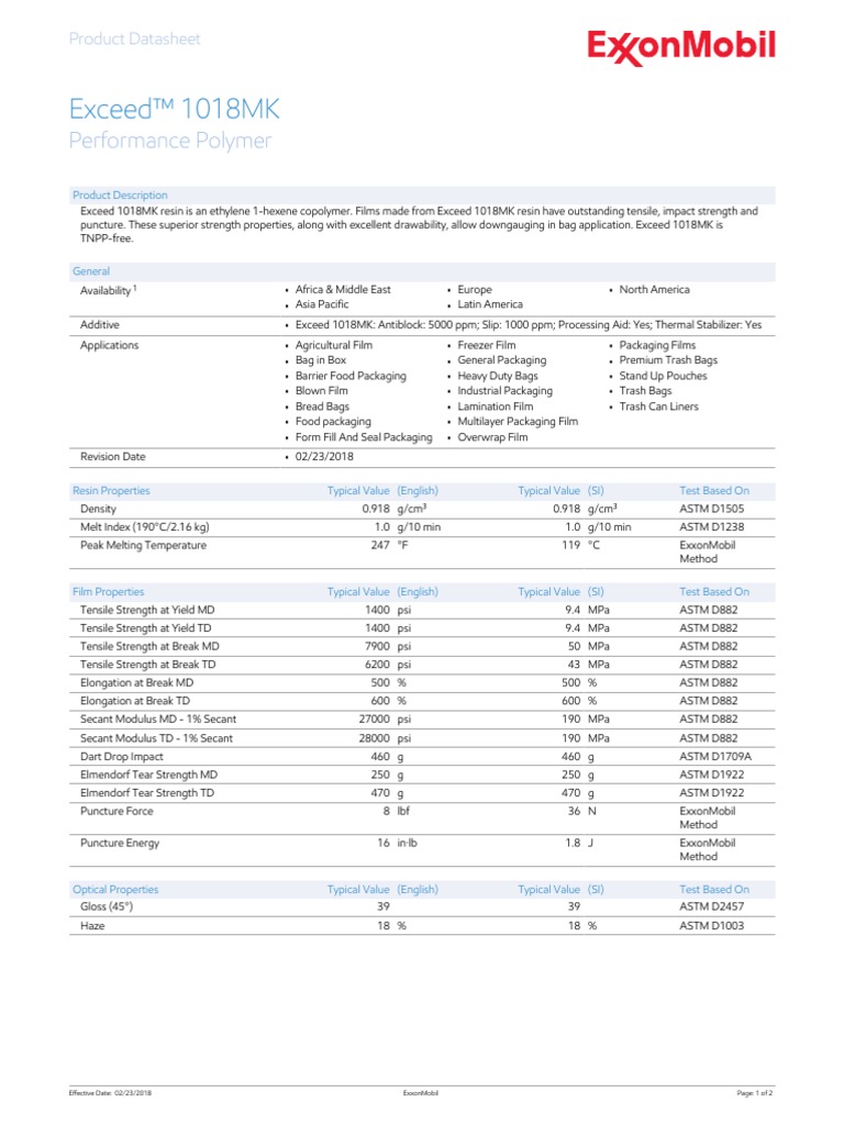 Exceed™ 1018MK: Performance Polymer | Download Free PDF | Chemical ...