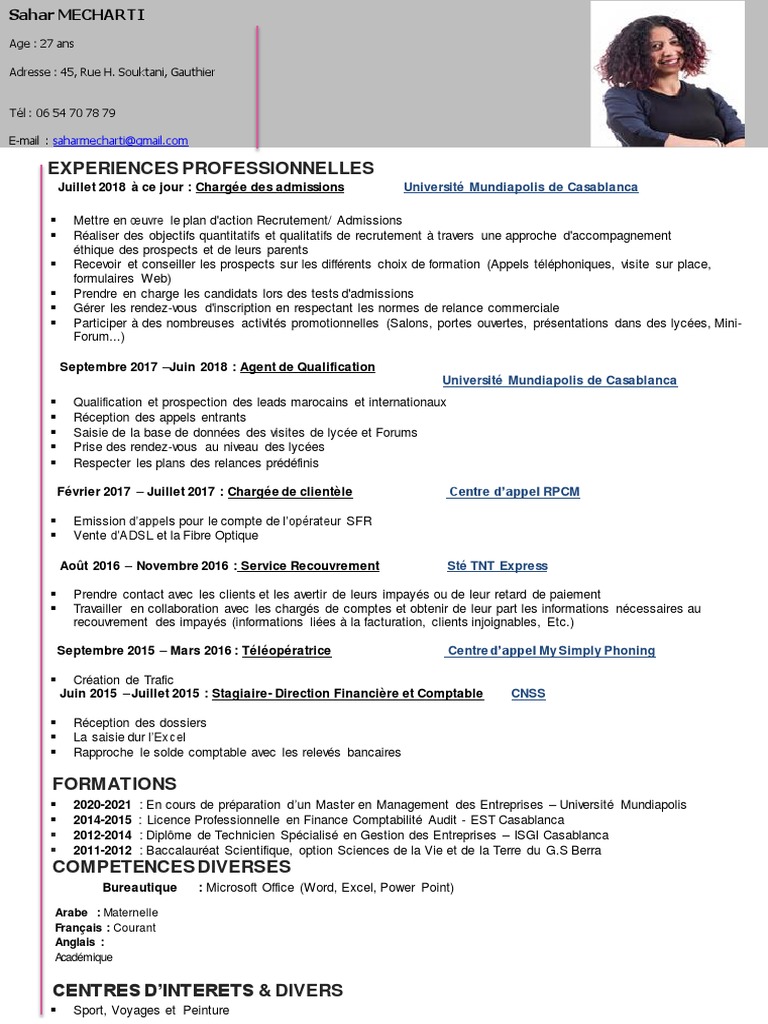 CV Sahar Mecharti | PDF | Centre d'appel | Comptabilité