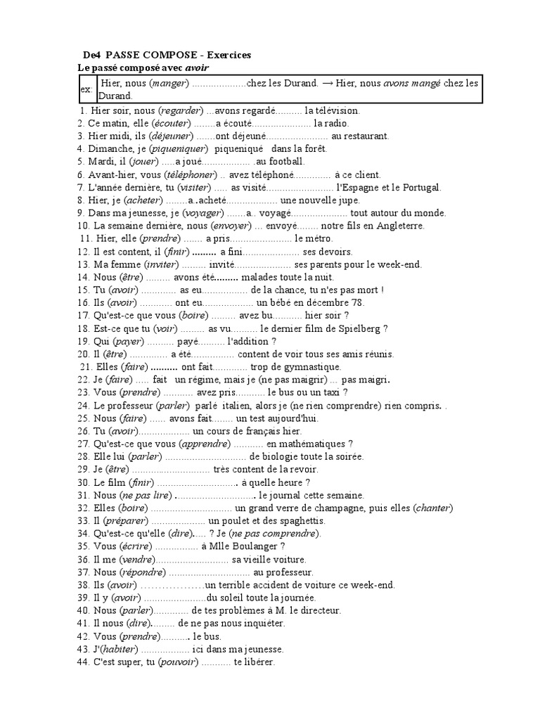 Exercices de Passé Composé en Français | PDF | Arts du langage et ...