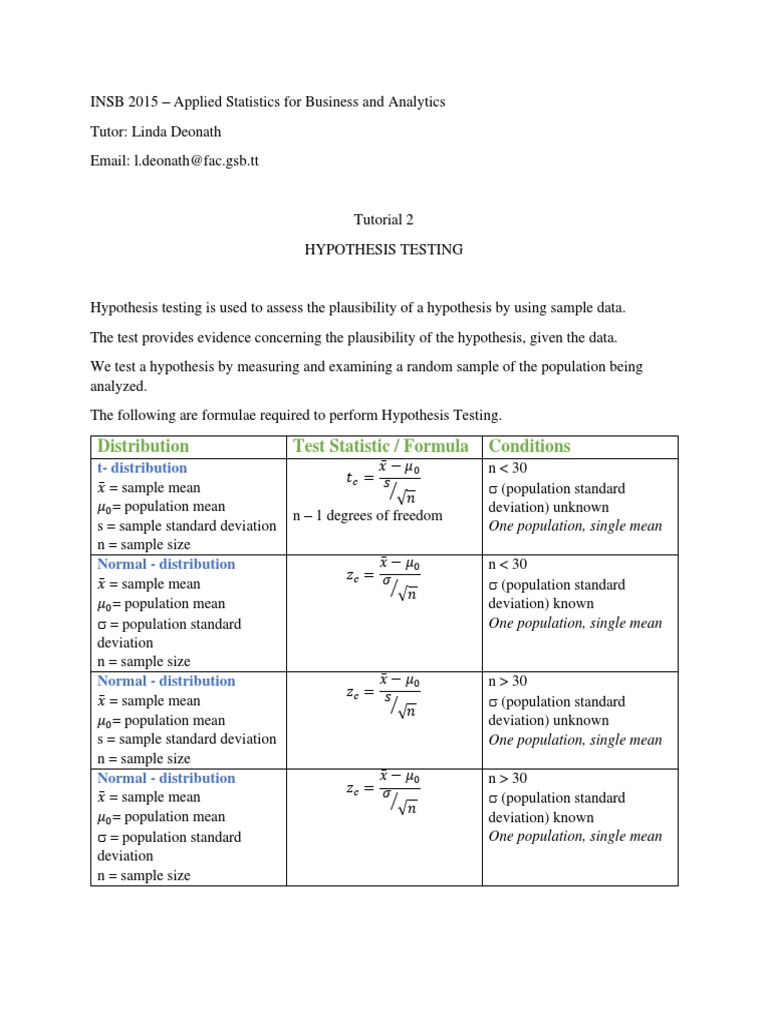 Distribution Test Statistic / Formula Conditions | PDF | P Value ...