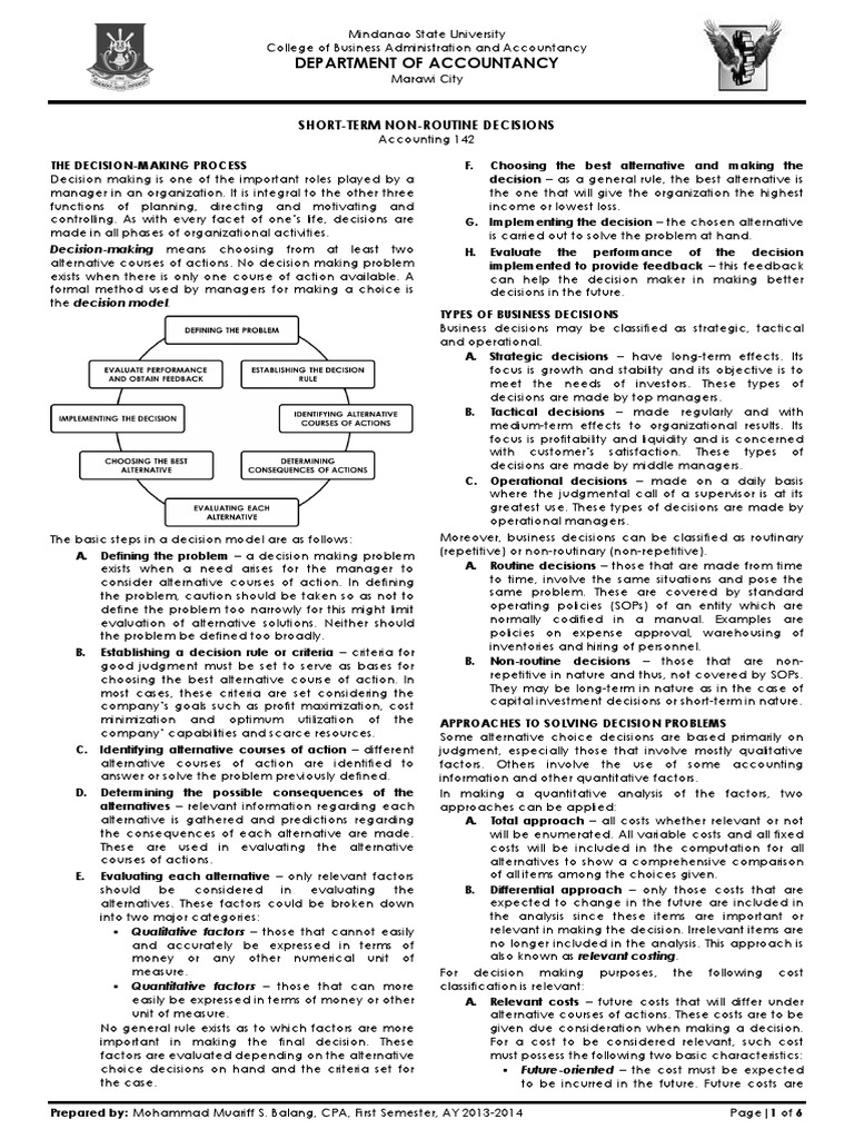 Non-Routine Decision Making: Evaluating Short-Term Business Decisions ...