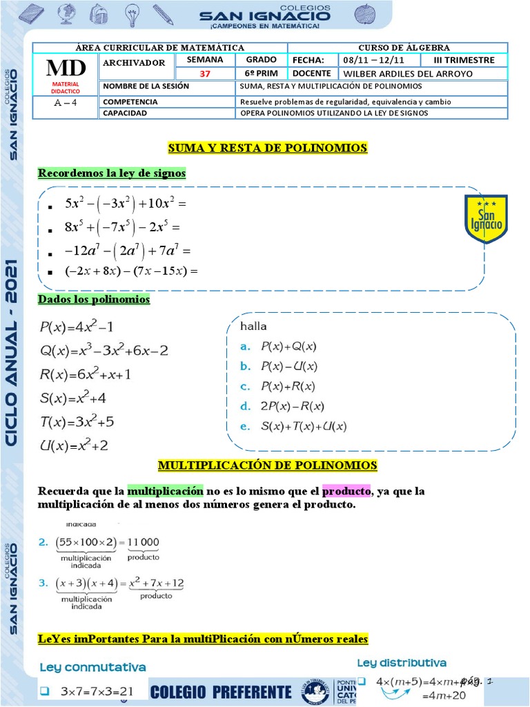 MD Algebra Mult de Polinomios 6p A4 | PDF