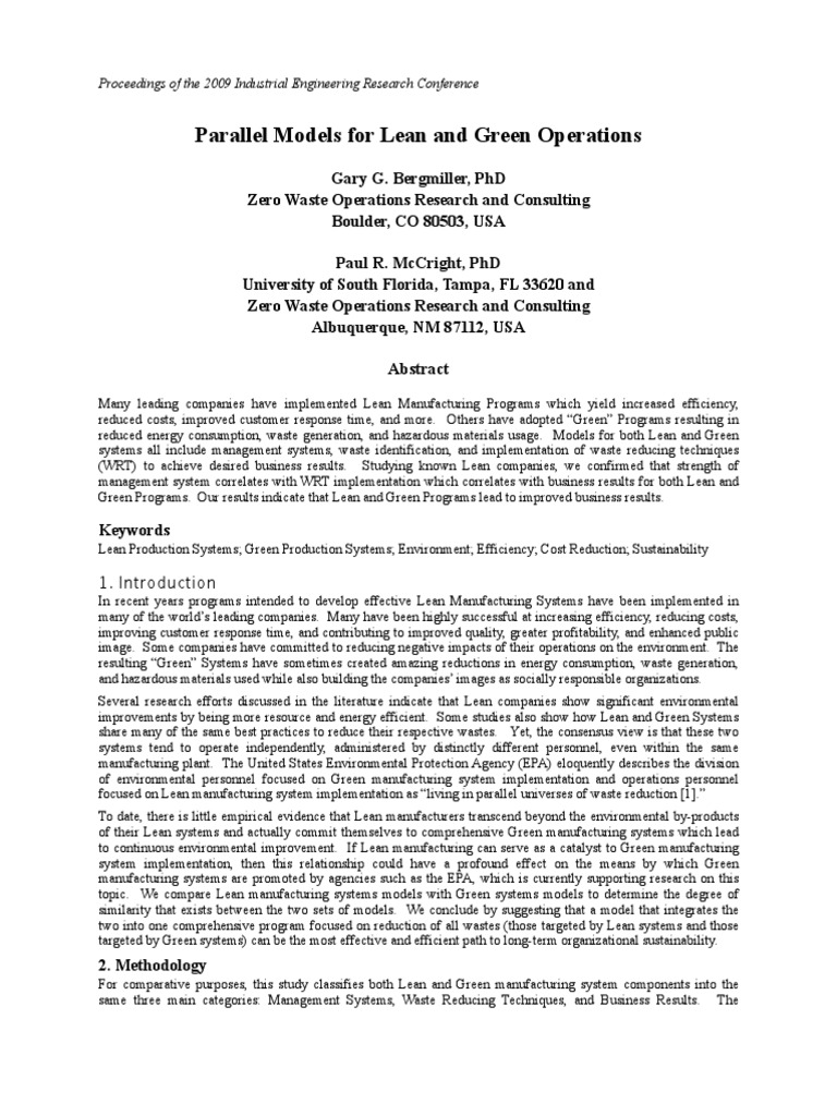 Parallel Models For Lean and Green Operations | PDF | Lean ...