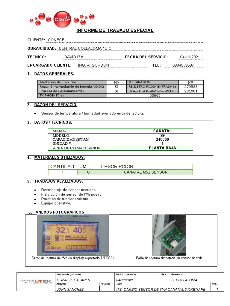 Ite - Cambio de Sensor T - H en Canatal 1 240 Kbtu PB C - Collaloma | PDF