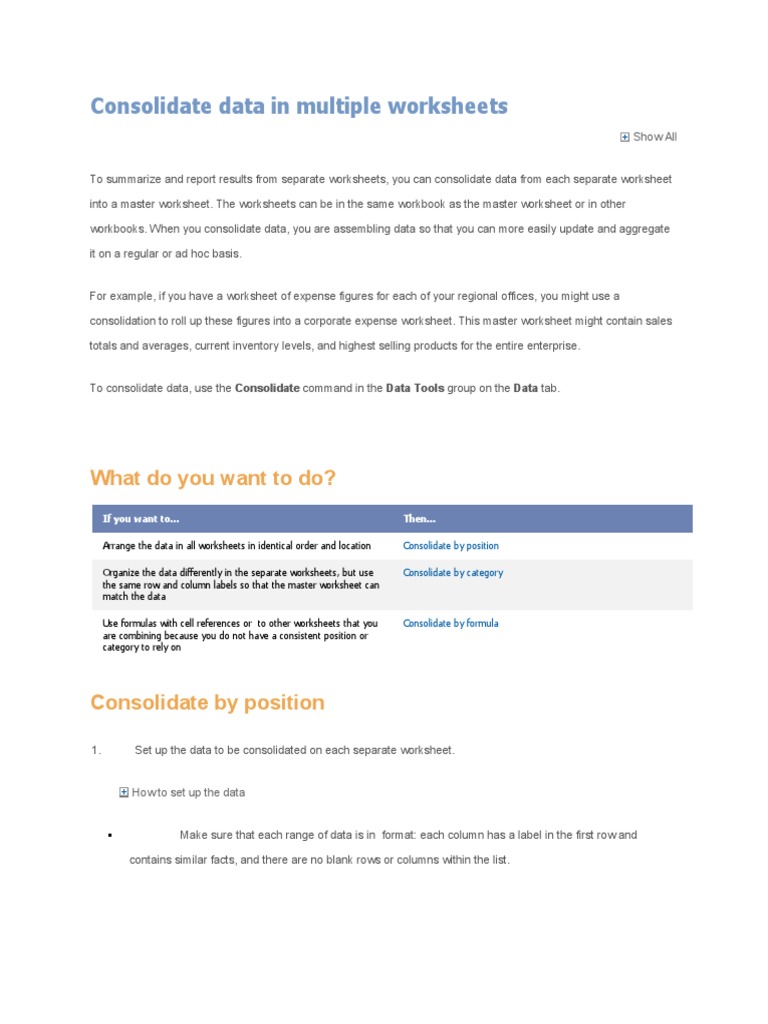 Consolidate Data in Multiple Worksheets: What Do You Want To Do? | PDF ...