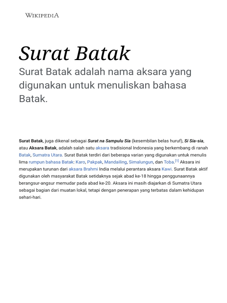 Surat Batak - Wikipedia Bahasa Indonesia, Ensiklopedia Bebas | PDF