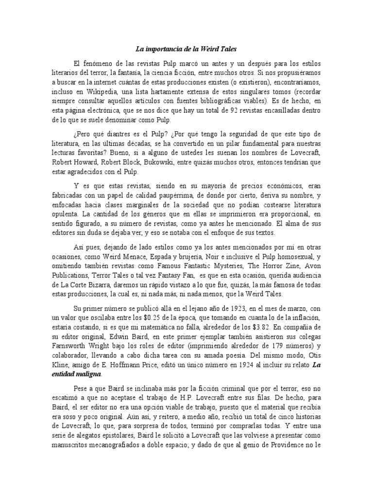 La Importancia de La Weird Tales | PDF | Cuentos raros | Pulp Magazine