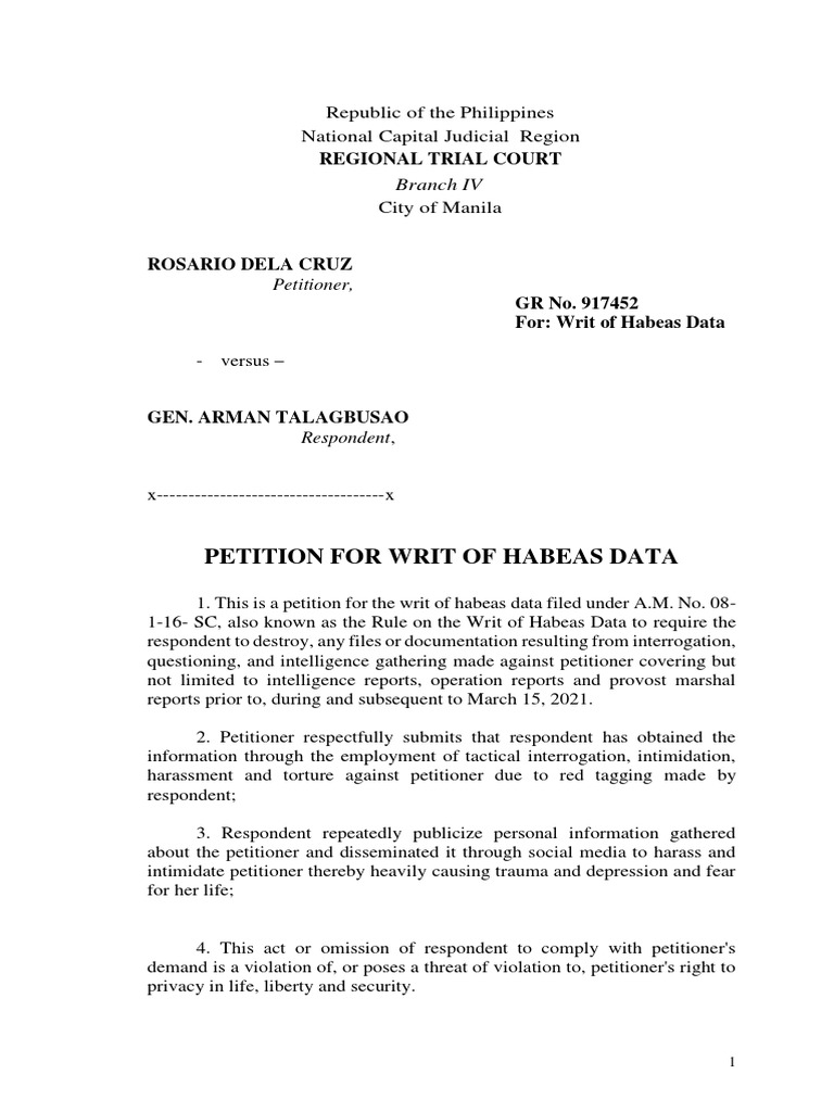 Petition For Writ of Habeas Data: Regional Trial Court | PDF | Habeas ...