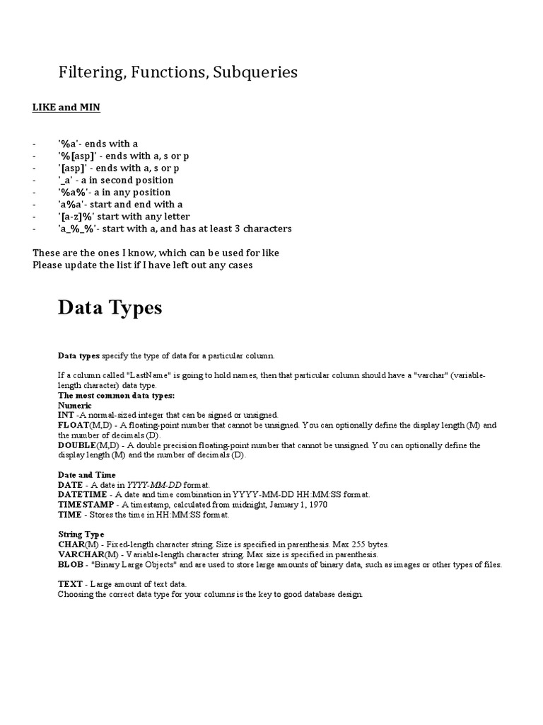 Data Types: Filtering, Functions, Subqueries | PDF | Relational Database | Table (Database)