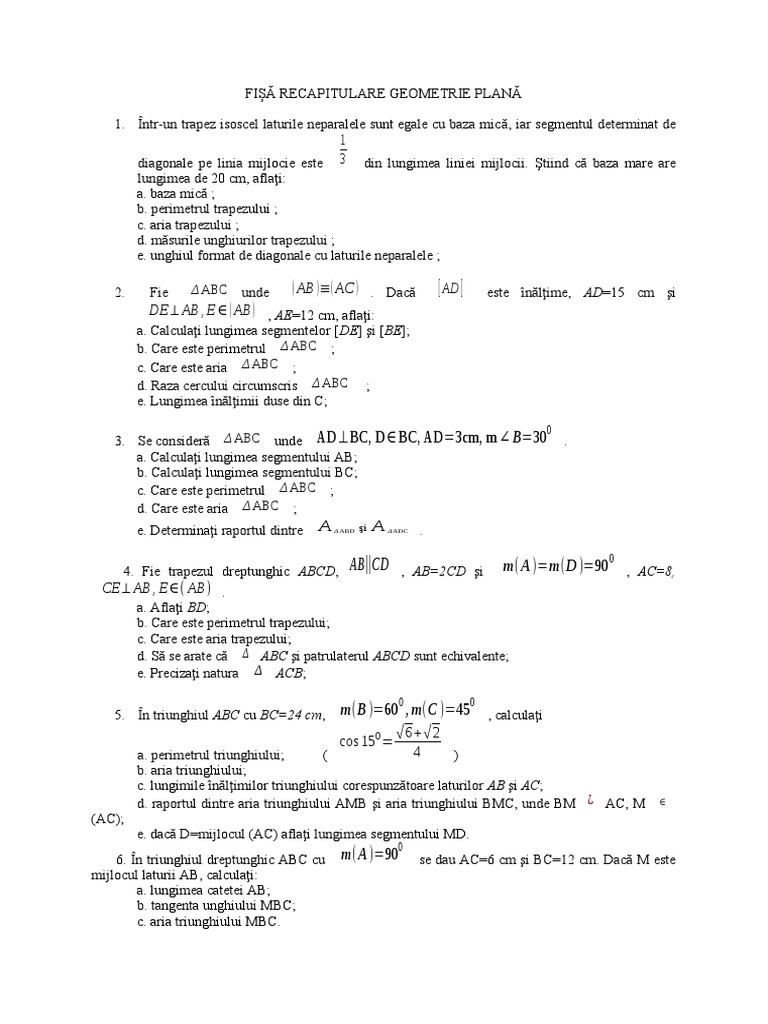 Fisa Recapitulare Geometrie Plana | PDF
