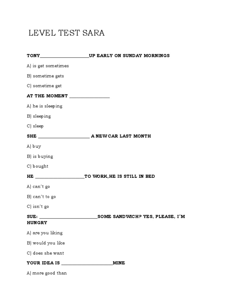 Level Test Sara: A) Is Get Sometimes B) Sometime Gets C) Sometime Get | PDF