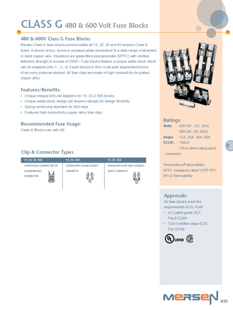 Class G: 480 & 600 Volt Fuse Blocks | PDF | Fuse (Electrical ...