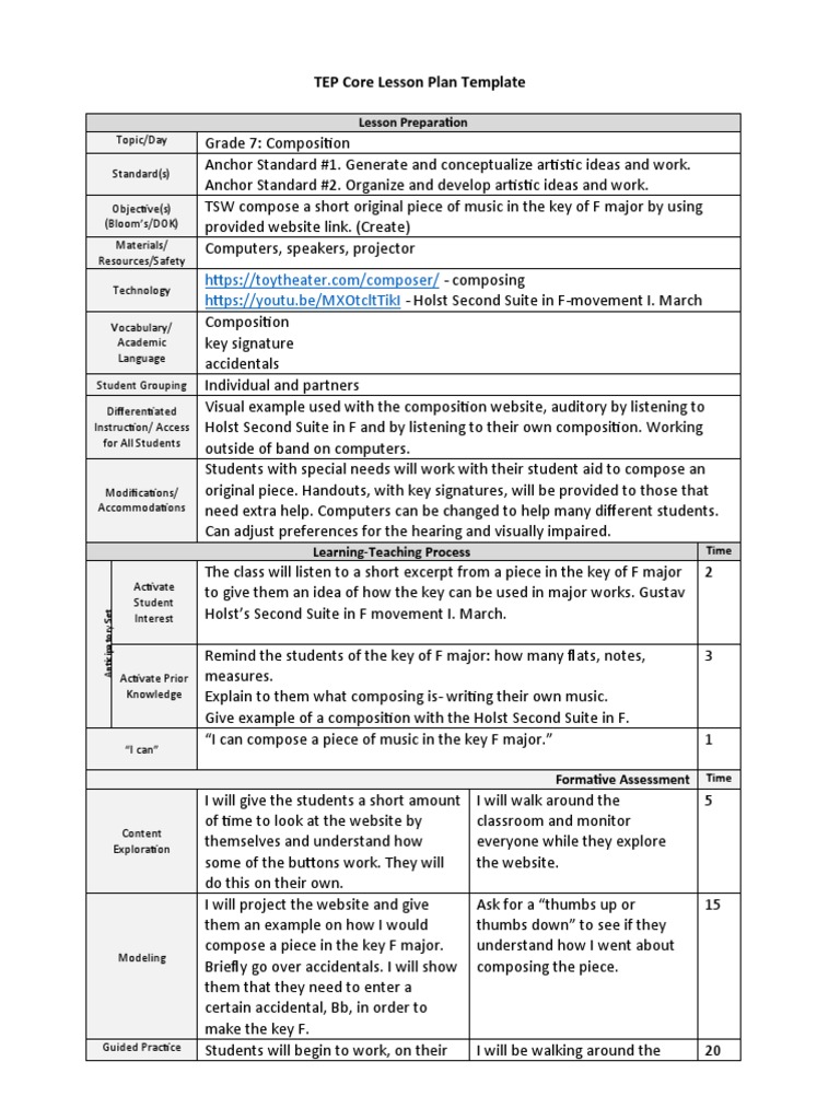 Tep Lesson Plan Template and Description - Ciara 1 | PDF | Learning ...