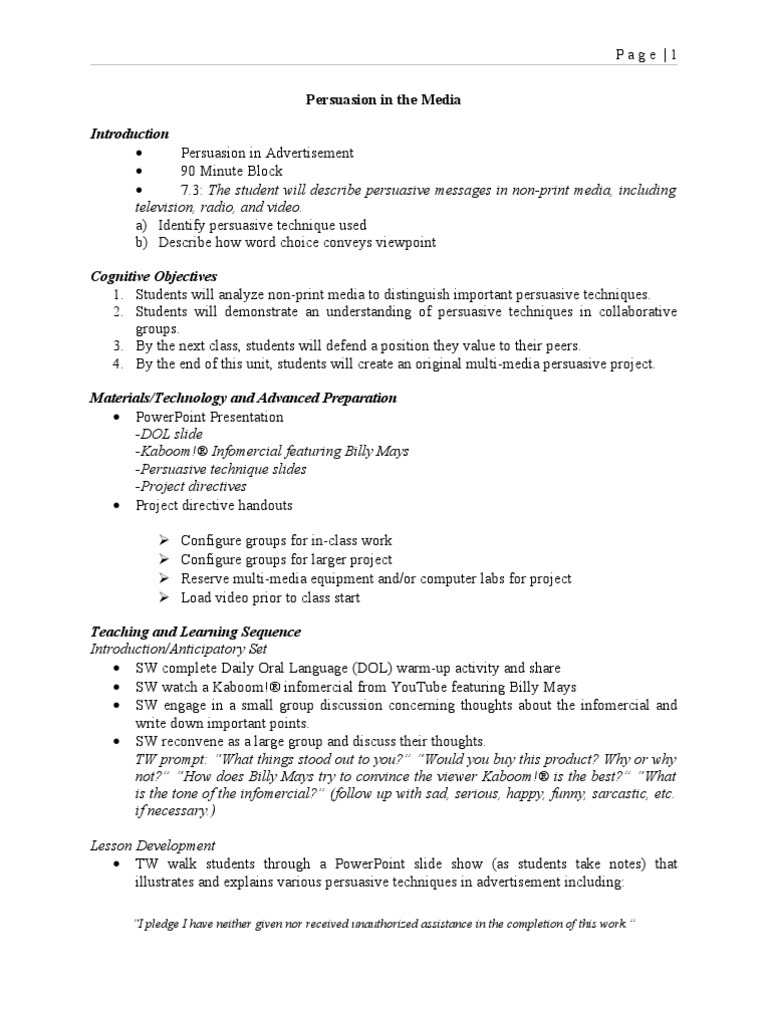 Persuasion in The Media Lesson Plan | PDF | Persuasion | Homework