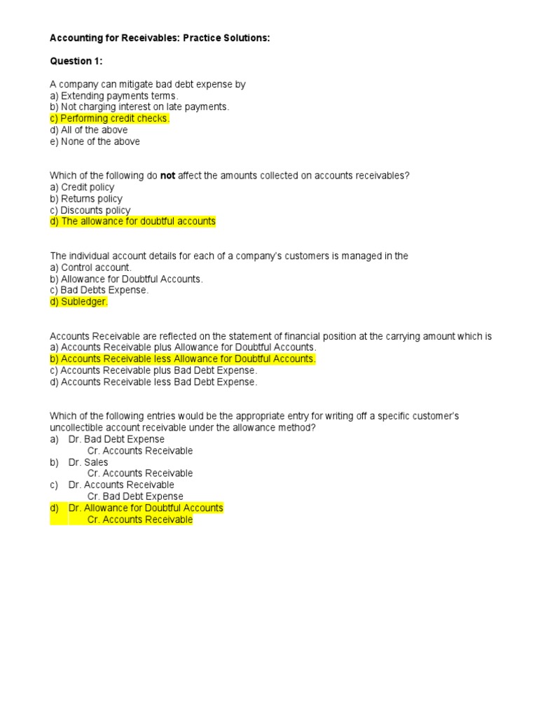 Accounting For Receivables Practice Solutions | PDF | Bad Debt | Business