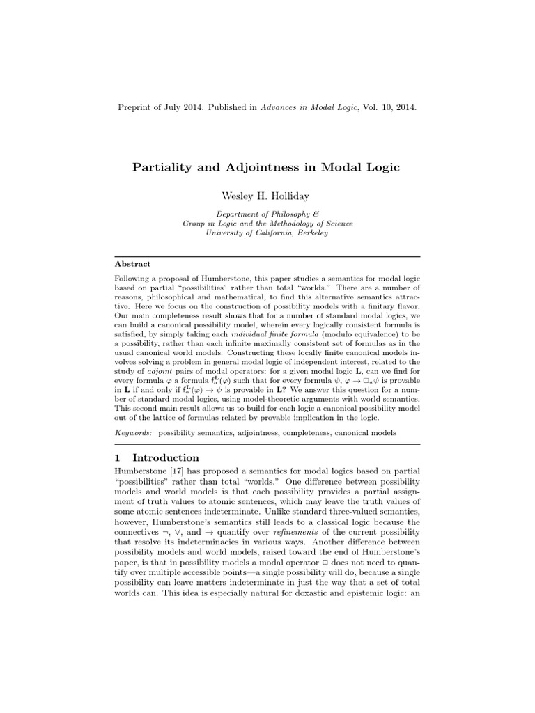 Partiality and Adjointness in Modal Logic: Wesley H. Holliday | PDF | Model Theory | Modal Logic