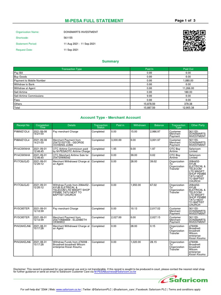 M-Pesa Full Statement: Page 1 of 3 | PDF | Receipt | Financial Transaction