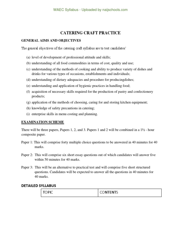 WAEC Syllabus For Catering Craft Practice | PDF | Foods | Cooking