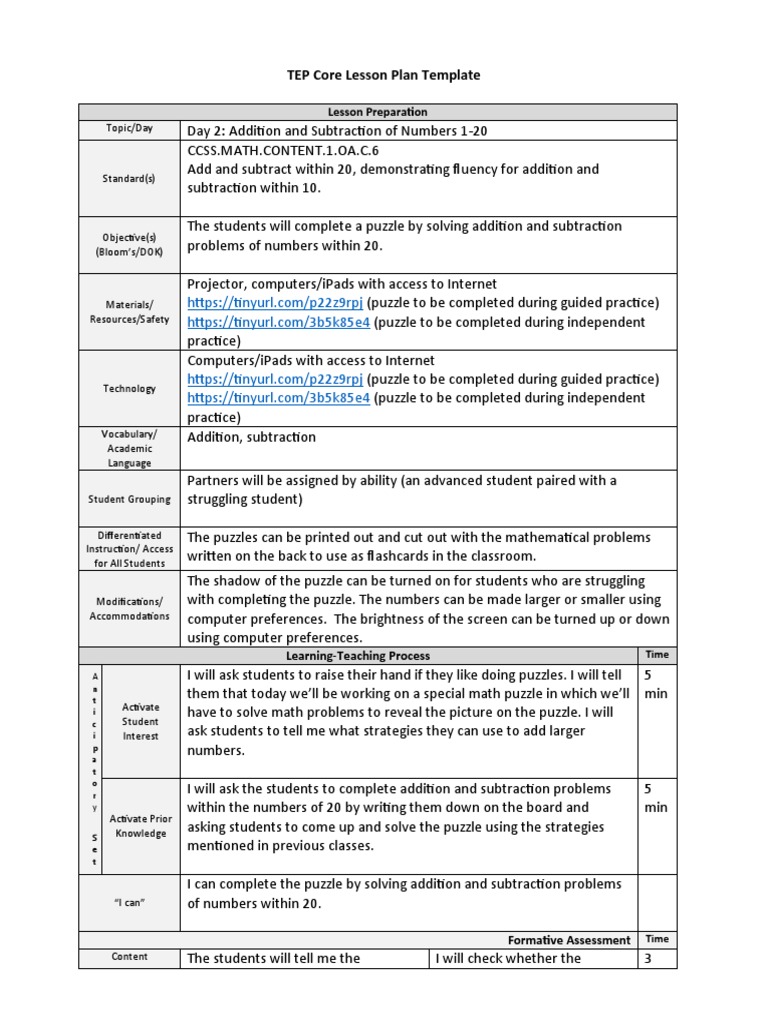 TEP Core Lesson Plan Template | PDF | Lesson Plan | Cognition