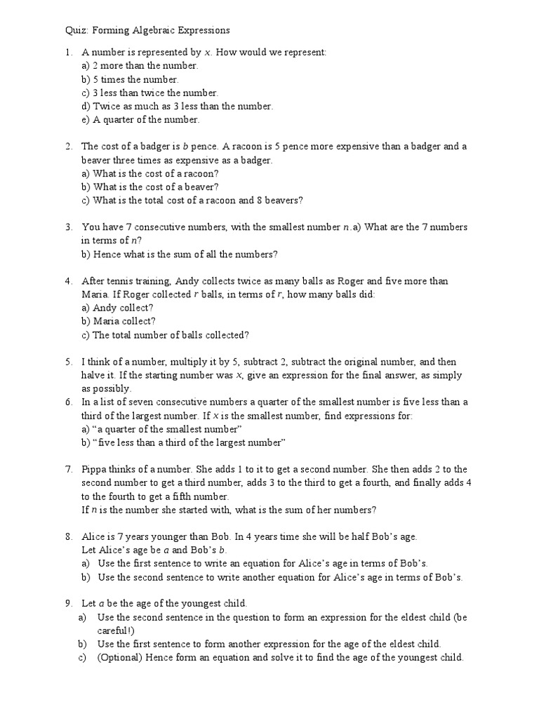 Yr7 FormingAlgebraicExpressions Ex3 | PDF | Discrete Mathematics | Elementary Mathematics