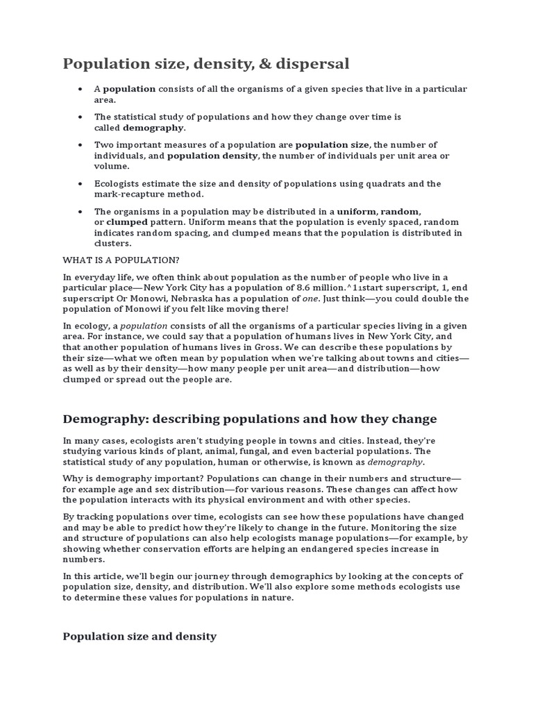 Population Size, Density, & Dispersal: Demography: Describing ...