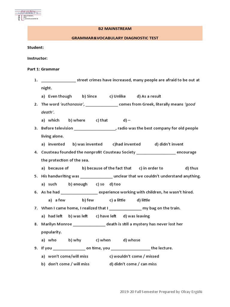 B2 Mainstream Grammar&Vocabulary Diagnostic Test Student: Instructor ...