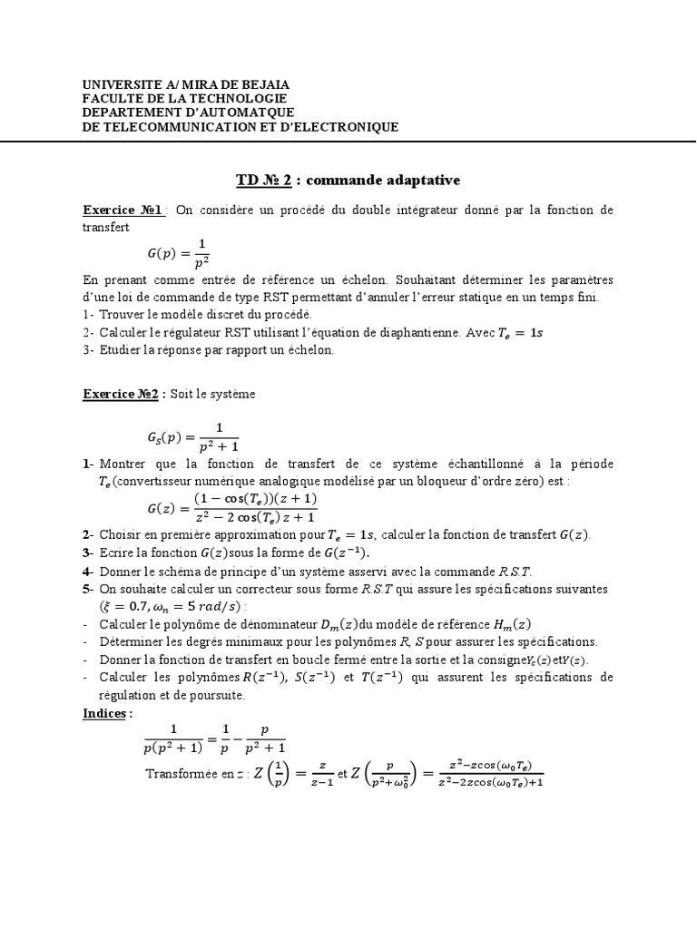 TD2 - Commande Adaptative | PDF | Fonction (Mathématiques) | Méthode des moindres carrés