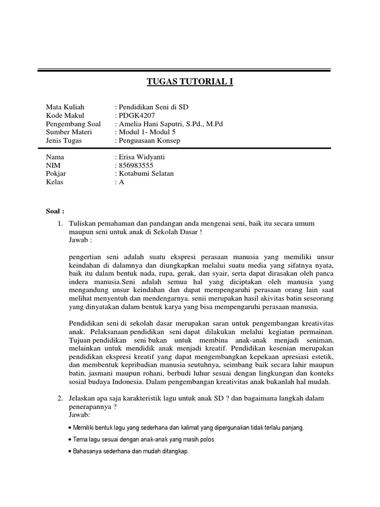 Tugas Tutorial 1 - MK Pendidikan Seni PDGK PDGK4207 | PDF | Seni