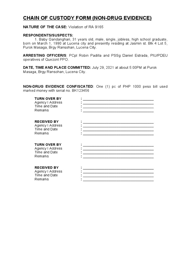 Chain of Custody Form (Non-Drug Evidence) : NATURE OF THE CASE ...