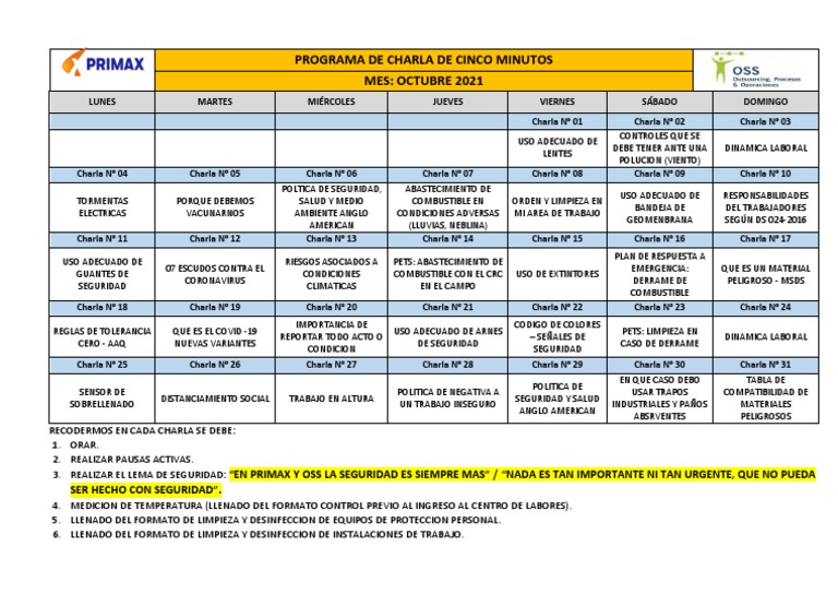 Programa de Charlas Diarias - OCTUBRE 2021 | PDF
