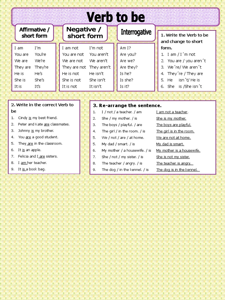 Re-Arrange The Sentence.: 1. Write The Verb To Be and Change To Short ...