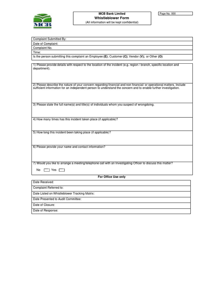 MCB Bank Whistleblower Complaint Form | PDF | Finance & Money ...