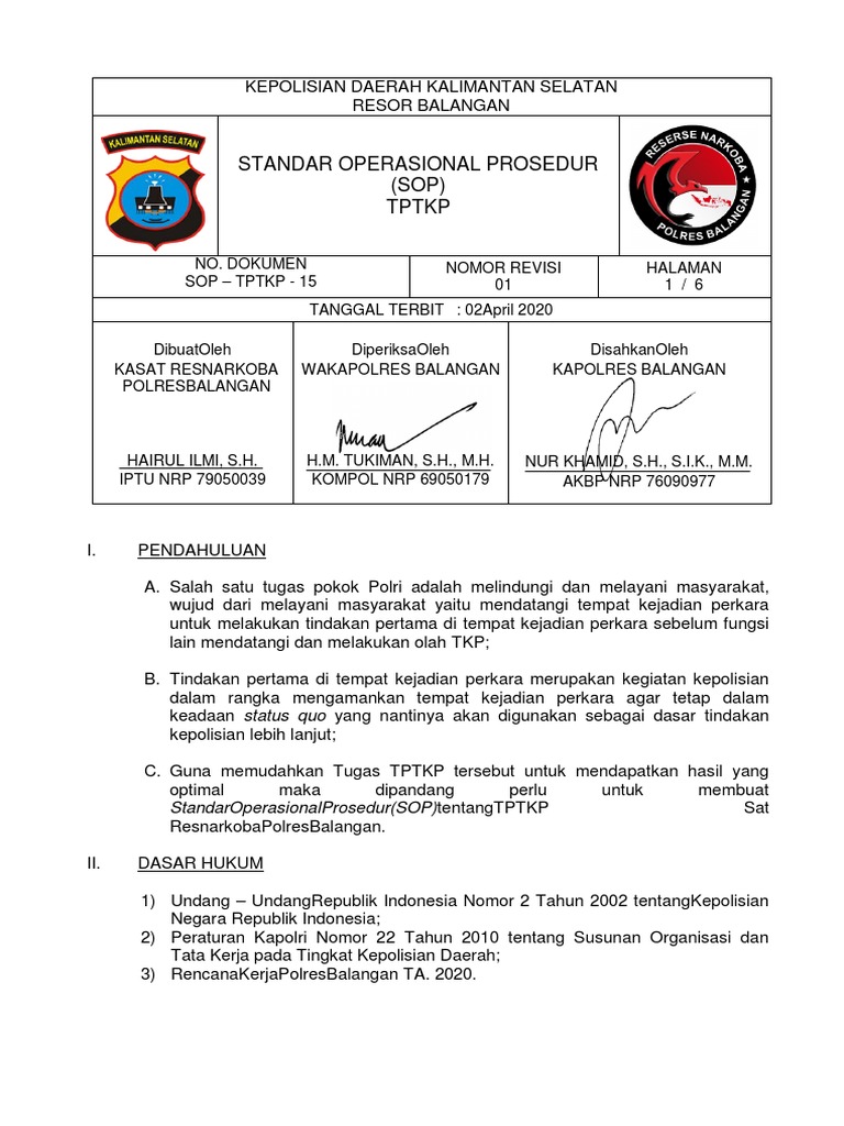 SOP TPTKP Polres Balangan | PDF
