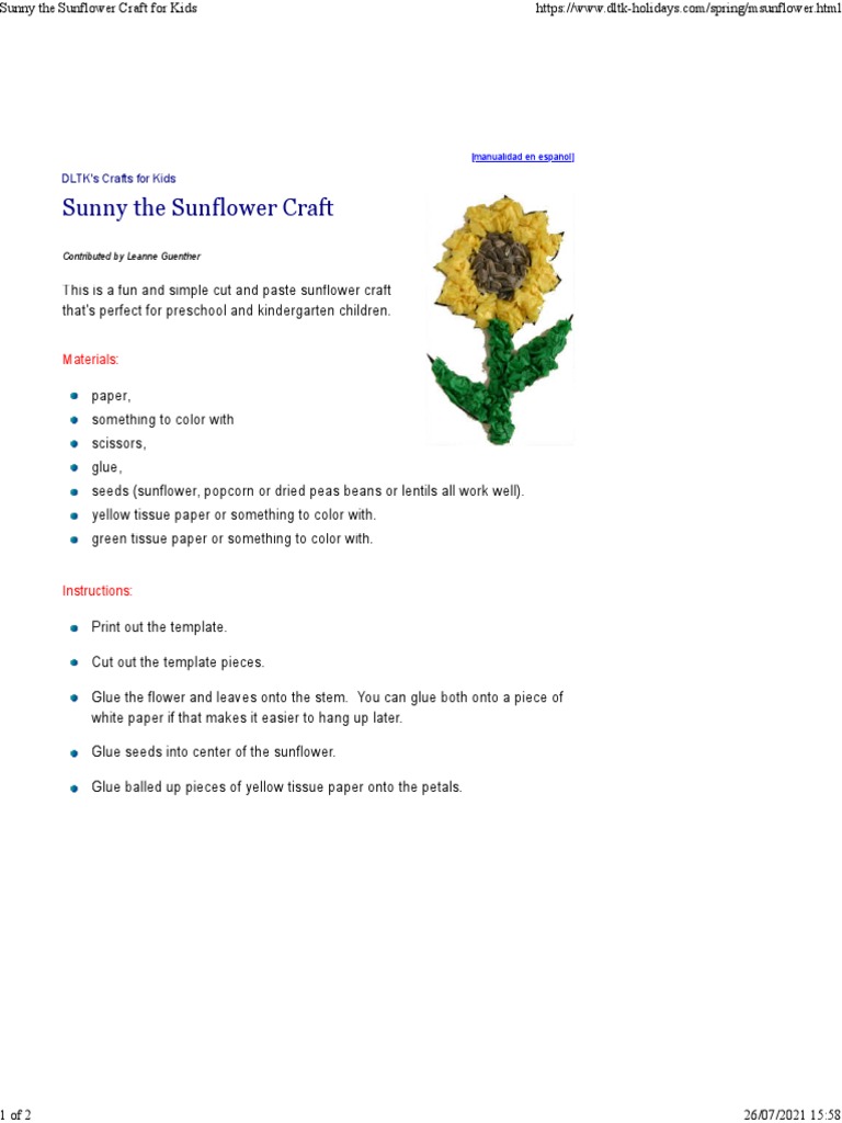 Sunny The Sunflower Craft For Kids | PDF